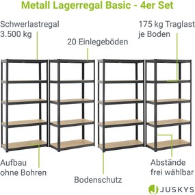 Juskys Sada kovových regálů Basic 180 × 90 × 40 cm Barva: stříbrná, Velikost sady: 2 ks