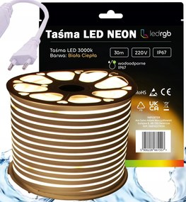 Set Led pásek Neon 220V 230V 30m 3000K Bílý Teplý Napájecí Zdroj IP67 120/m
