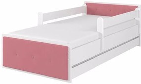 Dětská postel Max XL Čalouněná 180x90 cm - Bílá - 2x krátká zábrana bez šuplíku - čalounění Růžová