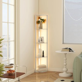 HOMCOM LED stojací lampa, rohový regál, stmívatelná, 4 police, teplé bílé světlo, 41x30x164 cm, dub