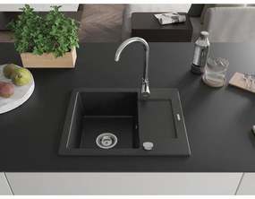 Mexen Enzo, 1-komorový granitový dřez s odkapávačem 58x47 cm a kuchyňskou baterií Telma, černá, 6506-77-670200-00