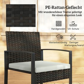 Ratanový bistro set, 3dílná sada zahradního nábytku se 2 zahradními židlemi, konferenčním stolkem, odnímatelnými polštáři krémově bílá