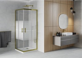 Mexen Rio, čtvercový sprchový kout s posuvnými dveřmi 80 (dveře) x 80 (dveře) x 190 cm, 5mm čiré sklo s pásky, zlatý profil + bílá sprchová vanička SLIM, 860-080-080-50-20-4010G