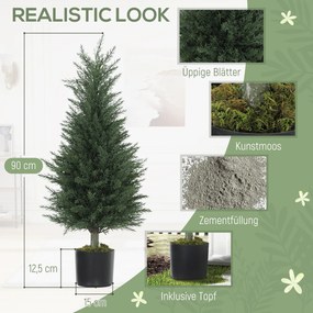 HOMCOM sada 2 umělých cypřišů, 90 cm — rostliny s mechem v květináčích, UV-odolné, realistické listy z PE pro interiér i exteriér
