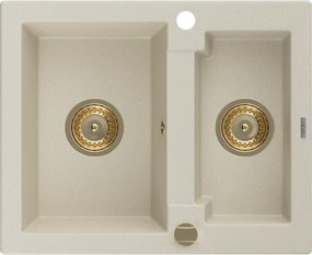 Mexen Carlos, granitový dřez 582x475x177 mm, 1,5-komorový, béžová se zlatým sifonem, 6518581500-69-G