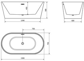 Mexen Luna, volně stojící vana 150 x 75 cm, bílá, broušený grafit přepad, 52031507500-95