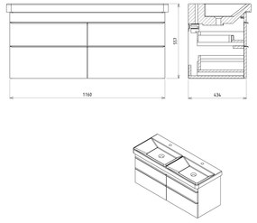 Sapho SITIA dvojumyvadlová skříňka 116x50x44,2cm, 4xzásuvka, bílá mat - SI120-3131