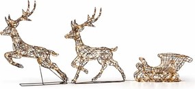 3D LED svítící jeleni a sáně, 180 × 86 × 18 cm, teple bílá, 380 LED, drát, hnědá, IP44