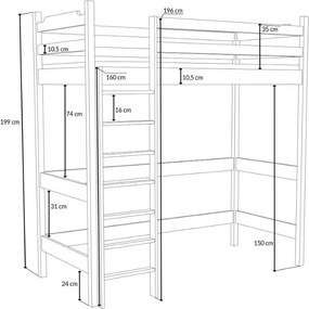 Dětská vyvýšená postel z masivu borovice TEXAS - 180x80 cm - PŘÍRODNÍ BOROVICE