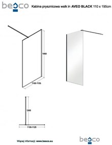 BESCO Walk-in sprchový kout AVEO BLACK BARVA rámu - Černá, Pevná stěna - Bez pevné stěny, Rozměr A - 110 cm, Rozměr C - 195 cm, Výplň - Čiré bezpečnostní sklo - 8 mm BCAVEO110BL