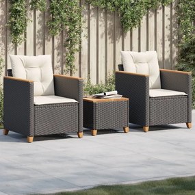 3Dílný Bistro Set S Poduškami Černý Polyratan Akáciové Dřevo - Černá / Dřevěné područky