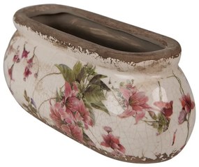 Béžový keramický oválný obal na květináč s květinami v antickém stylu s odřením – 18x8x7 cm