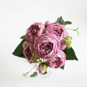 Umělá kytice pivoňek - 5 květů s poupaty (A) Barva: purpurová
