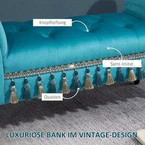 HOMCOM Čalouněná lavice, Sametový vzhled, Luxusní lavice s dřevěnými nohami, Chodní lavice do ložnice, nosnost až 150 kg, Modrá, 117 x 40 x 58 cm