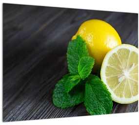Skleněný obraz citrónů a máty na stole (70x50 cm)