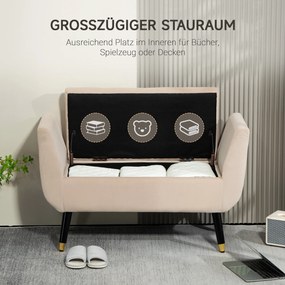 HOMCOM Luxusní sedací lavice Čalouněná lavice s úložným prostorem Područky Truhlicová lavice Sametový polyester kaučukovník Béžová 107 x 42 x 65 cm