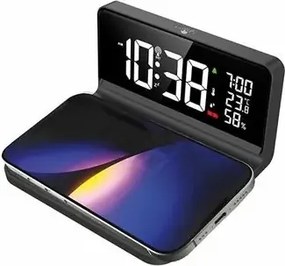Solight CA06 hodiny s Qi bezdrátovým nabíjením 10W černá / teploměr /
