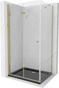Mexen Lima, sprchový kout se skládacími dveřmi 100 (dveře) x 90 (stěna) cm, 6mm čiré sklo, chromový profil + slim sprchová vanička černá + zlatý sifon, 856-100-090-50-00-4070G