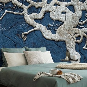 Samolepící tapeta abstraktní strom na dřevě s modrým kontrastem - 375x250 cm