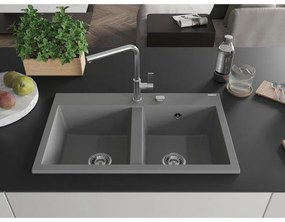 Mexen Hektor, 2-komorový granitový dřez 800x480x205 mm, šedá, chromový sifon, 6521802000-71