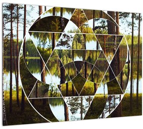 Skleněný obraz - Geometrická koláž na pozadí severských lesů (70x50 cm)