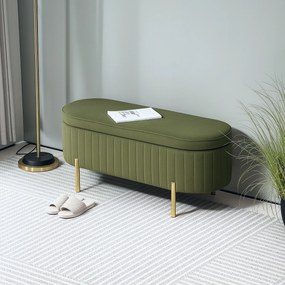 HOMCOM Oválná úložná lavice 72L s výklopným víkem a rýhovaným designem, moderní sametová tkanina a borovicové dřevo, 108x44x43,5 cm, tmavě zelená