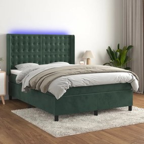 Box spring postel s matrací a LED tmavě zelená 140x190 cm samet 3139802