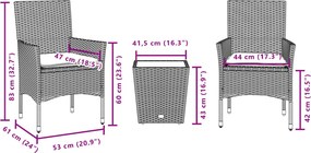 3dílný bistro set s poduškami šedý polyratan a sklo 3278742