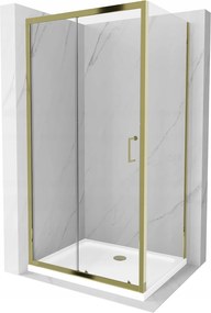 Mexen Apia sprchový kout s posuvnými dveřmi 140 (dveře) x 100 (stěna) cm, 5mm čiré sklo, zlatý profil + bílá sprchová vanička SLIM, 840-140-100-50-00-4010G