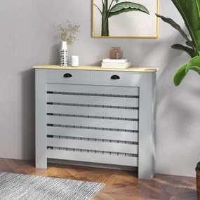 HOMCOM kryt radiátoru s lamelami z MDF, mřížkový kryt se 2 zásuvkami, 111x19x95,5 cm, šedý