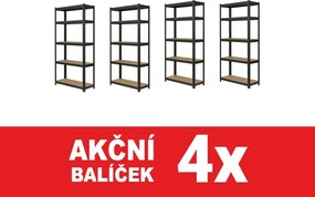 Akce 4x Regál 180x90x30 cm lakovaný 5-policový, nosnost 875 kg - černý