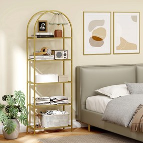 HOMCOM regál s 5 policemi z oceli a tvrzeného skla, 60x30x175 cm, zlatá