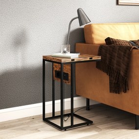 HOMCOM Skládací příruční stolek, nabíjecí stanice s USB porty, kov, 39 x 29 x 57 cm, hnědá