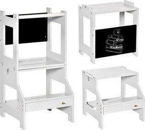 HOMCOM 2v1 učení věž a stolička pro děti 3+ let, přestavitelná na stůl s tabulí a bezpečnostním pruhem 42x44x86 cm Šedá