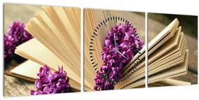 Obbraz knihy a fialové květiny (s hodinami) (90x30 cm)