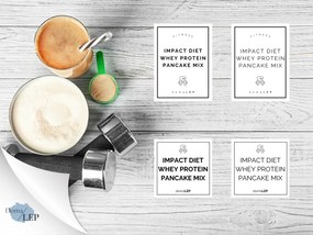 IMPACT DIET WHEY PROTEIN PANCAKE MIX - Samolepka na dózu pro fitness doplňky tvar: OBDÉLNÍK, barva: BÍLÁ - ČERNÉ písmo, velikost: š. 6 cm x v. 8 cm - tučné písmo