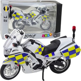 LEAN Toys Policejní motocykl z kovu se světly a zvuky, bílý, měřítko 1:12