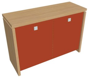 Nízká skříň Verno 128 x 46 x 90 cm, skleněné dveře, dub světlý / oranžová