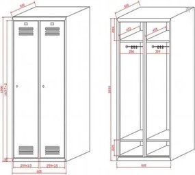 Kovová šatní skříňka S2, 2 oddíly, 1800 x 600 x 500 mm, cylindrický zámek, šedé dveře