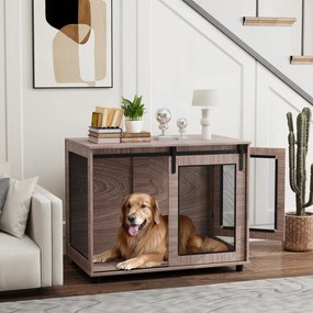 Přepravka pro psy, přepravní box pro psy, ústupový box pro domácí zvířata, uzamykatelné dveře, 98 x 60 x 78 cm, světle hnědá barva