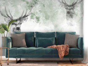 Fototapeta Jeleni v mlze - akvarelová zvířata na zeleném pozadí s vzory