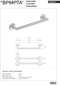 Bemeta Design NEO: Držák ručníků, 300 mm -