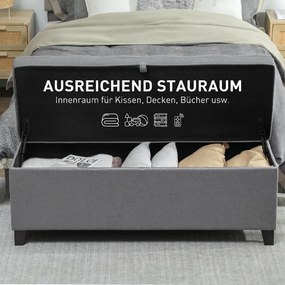 HOMCOM Lavice s úložným prostorem, polstrovaná lavice 120x40x48 cm s bezpečnostními panty, lněný vzhled, tmavě šedá