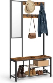 Předsíňový věšák s policí, zrcadlem na oděvní stojan, úložným prostorem na boty a sedátkem, rustikální hnědá, 36 x 98 x 185 cm