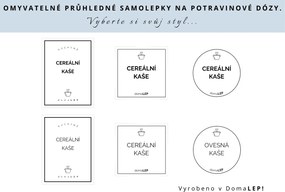 CEREÁLNÍ KAŠE - omyvatelná samolepka na dózu, výběr rozměrů Ø 5 cm / 5 x 5 cm / 6 x 8 cm | DomaLEP tvar: KOLEČKO, barva: PRŮHLEDNÁ - ČERNÉ písmo, velikost: Ø 5 cm - tučné písmo