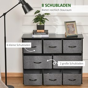 HOMCOM Komoda s 8 textilními zásuvkami, úložná skříň s úchyty, kovový rám, moderní design do ložnice a obývacího pokoje v tmavě šedé barvě