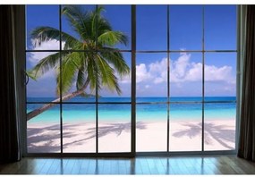 DIMEX | Samolepicí vliesová fototapeta na zeď Pláž za oknem MA-5-0203 | 375 x 250 cm | zelená, modrá, bílá, šedá