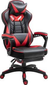 Ergonomická kancelářská židle Vinsetto, herní židle, otočná židle s výsuvným podnožím a nastavitelným opěradlem, pěna+PU kůže+kov, Černá+Červená, 65 x