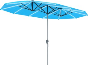 Dvojitý slunečník se solárním osvětlením, hliník, polyester, ochrana UPF50+, odolný proti UV záření, slunečník na terasu, modrý