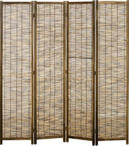 HOMCOM 4-panelový skládací paravan 160 cm x 1.8 cm x 170 cm Rustikální dřevěný a rákosový oddělovač místností pro kancelář, ložnici, obývací pokoj